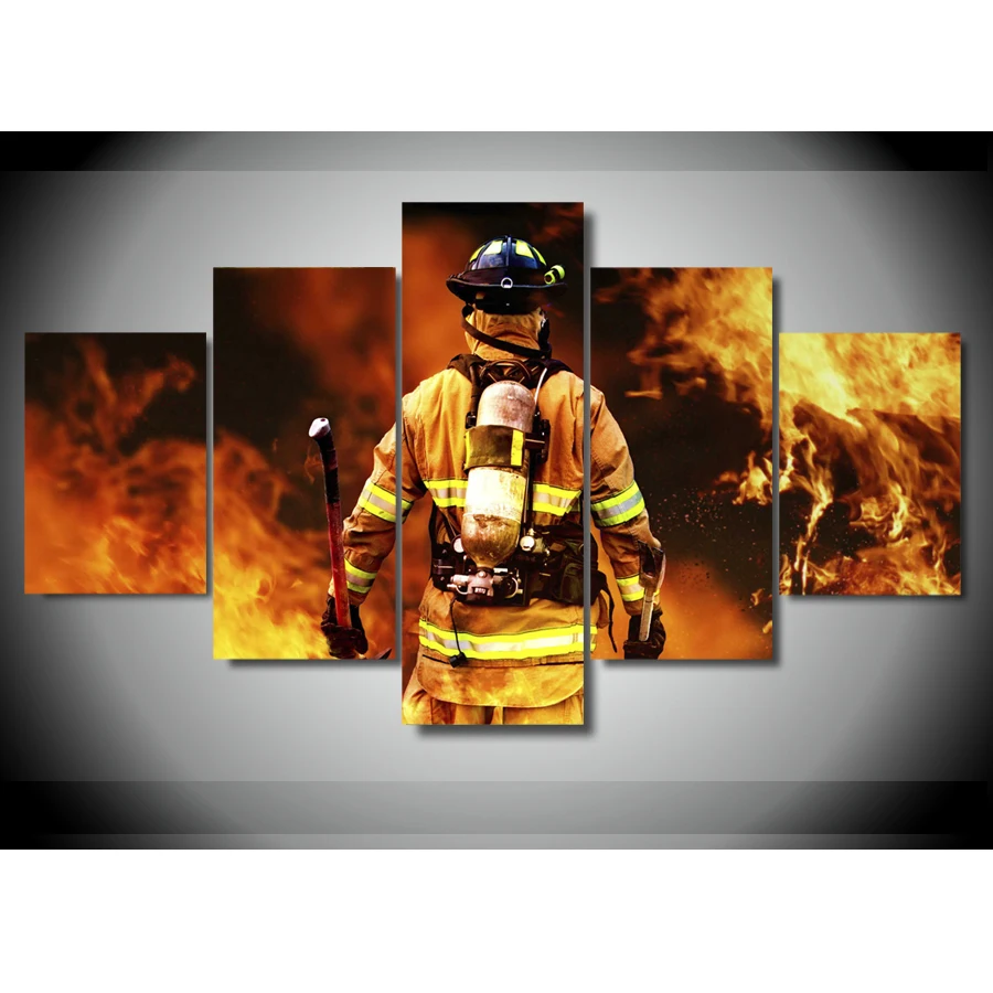 5 Panel Firefighter Prints Canvas room decor wall art HD fireman ...