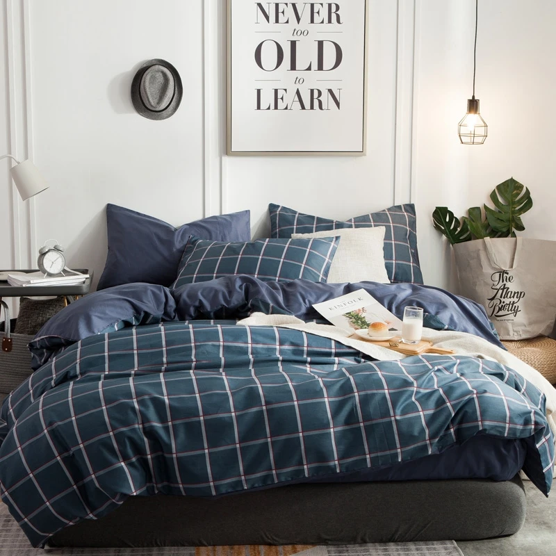 Dark Blue Plaid Bedding Set Brief Style Simple Bedding White Plaid