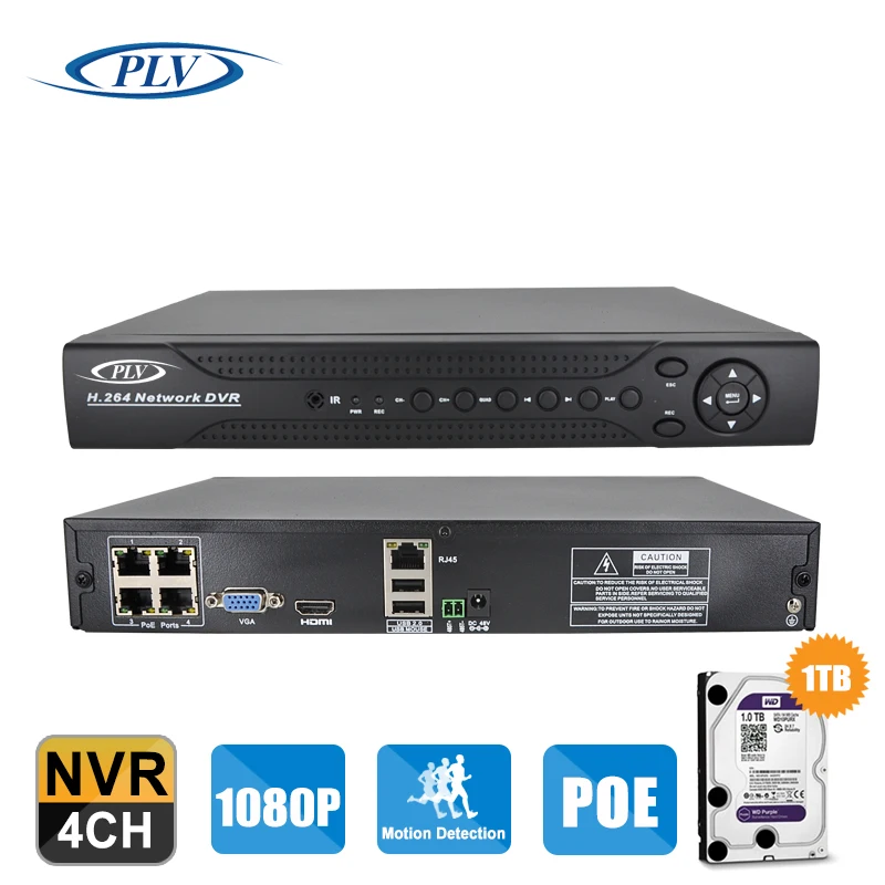 PLV FULL HD 48V PoE NVR 4Channel 2.0MP 1080P Surveillance Video ...