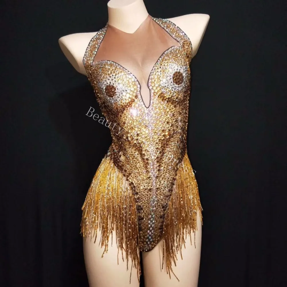 Sexy Leotard Sparkly Gold Rhinestones Tassel Bodysuit Stage Wear Women