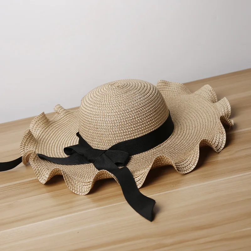 Wavy Side Female Straw Hat Simple Bow Big Cap Peak Beach Sun Shade Cap