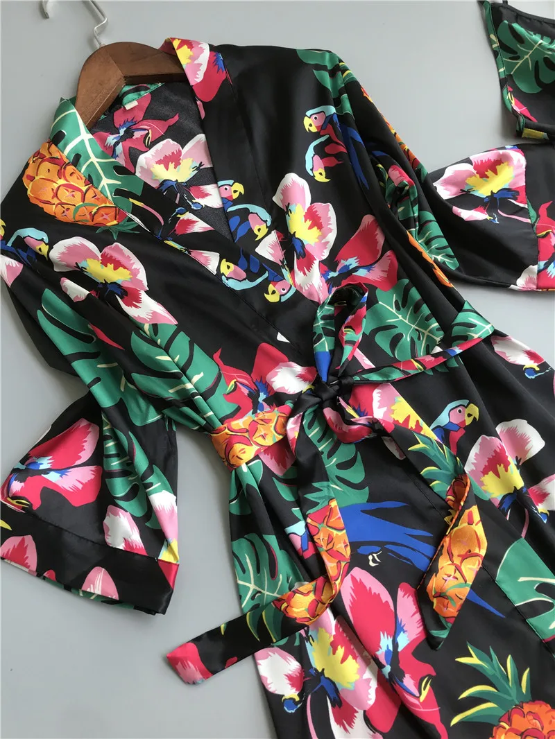 Fashion Print Satins Silk Pajamas Sets Women Korea Sexy Robes 3 Piece