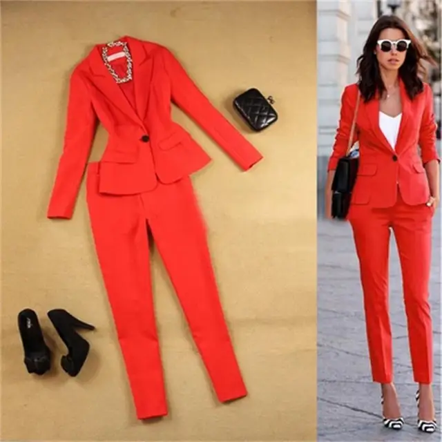 Red Women Suit Sets Blazer & 9 points pants Work Pants Suits 2 Piece ...