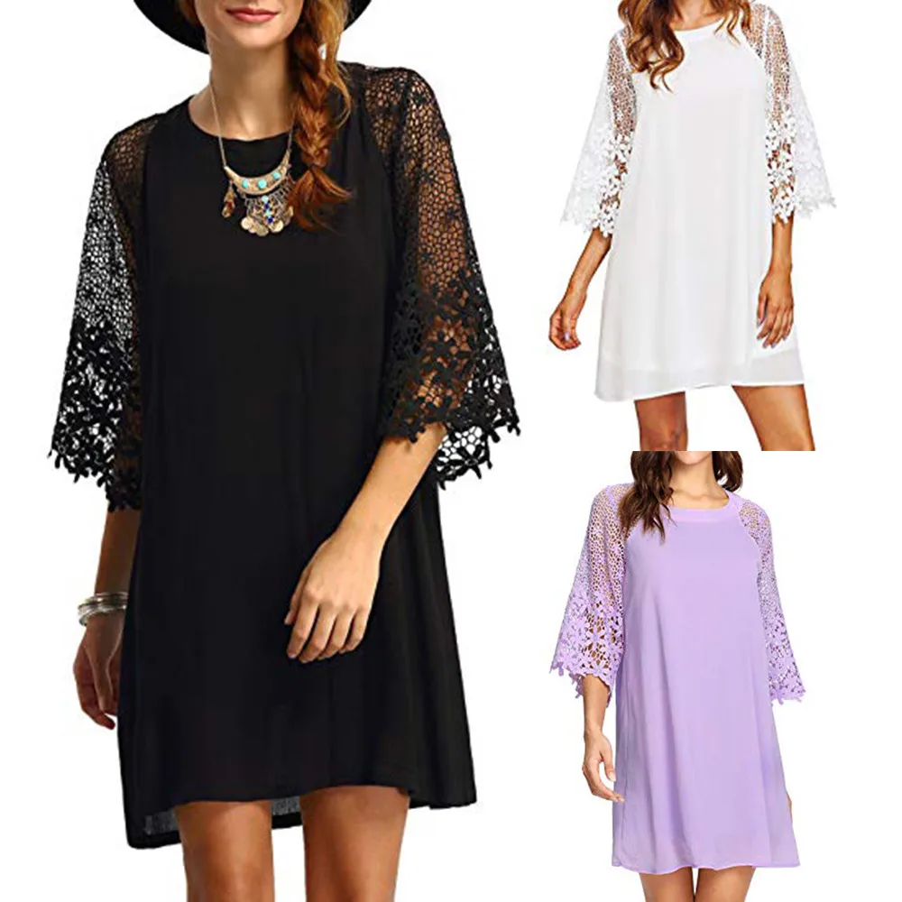 2018 Women Solid Casual Crewneck Half Sleeve Lace Stitching Autumn
