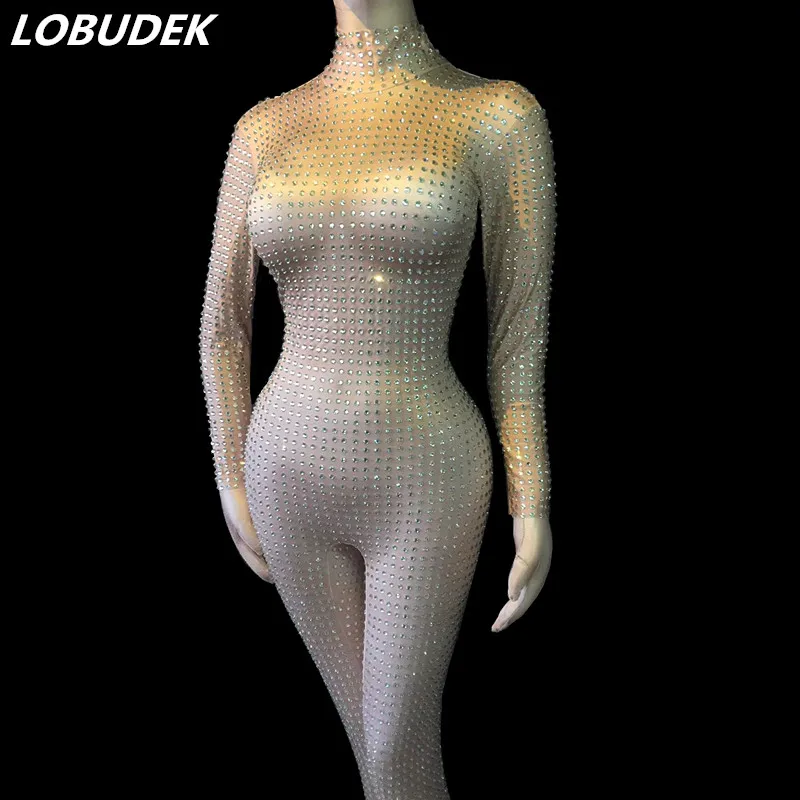 Bling Rhinestones Jumpsuit Sexy Skinny Crystals Mesh Bodysuit Lady