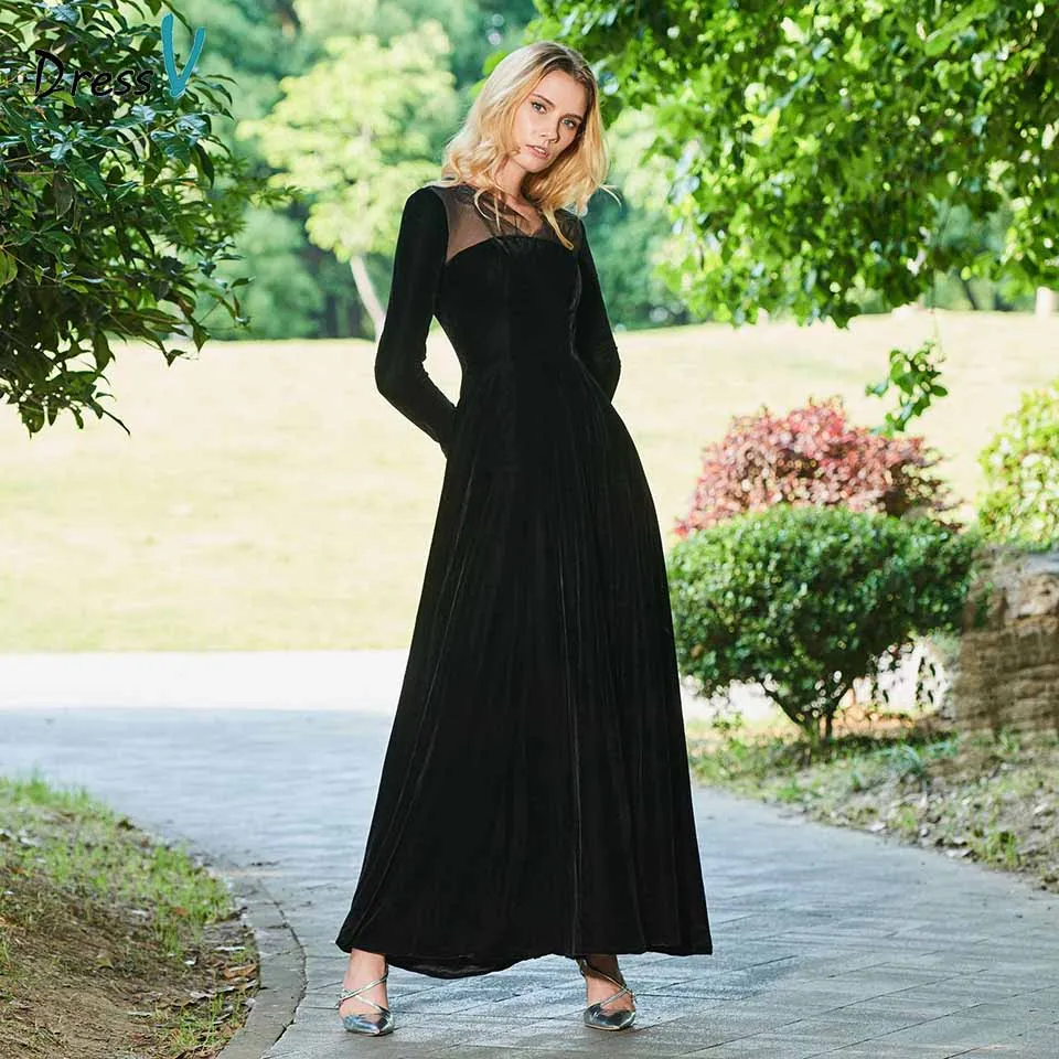 Dressv Black Evening Dress V Neck A Line Elegant Long Sleeves Floor