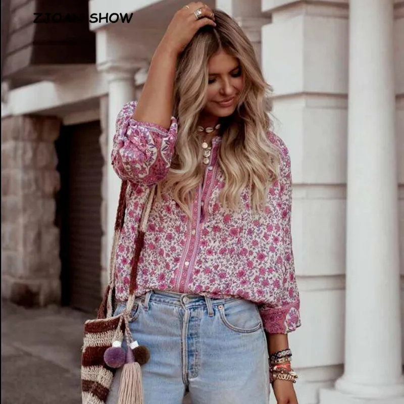 Nuevos Bohemios 2019, camisa con estampado Floral rosa, blusa étnica de ...