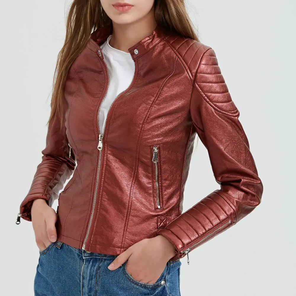 Hot New Fashion Women Wine Red Faux Leather Jackets Lady Bomber ...
