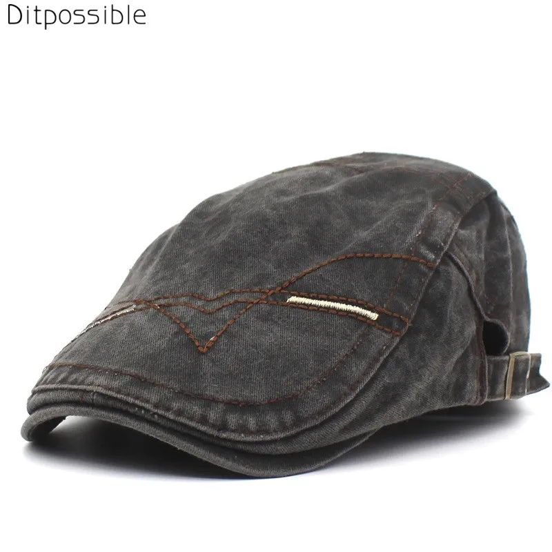 Ditpossible Washed Denim Cloth Hats Women Fashion Beret Flat Caps for ...
