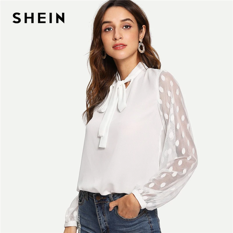 Shein White Elegant Office Lady Dot Mesh Sleeve Tie Neck V Cut Back
