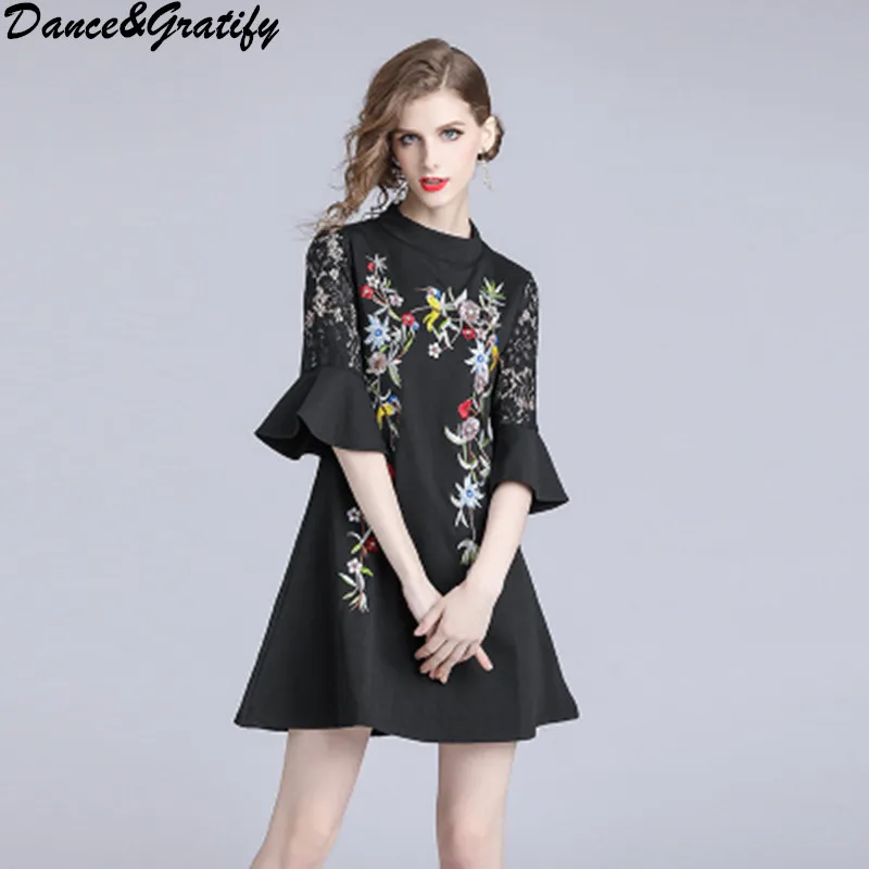 Luxury Embroidery Flowers Runway Dress Women 2018 Autumn Vintage Black ...