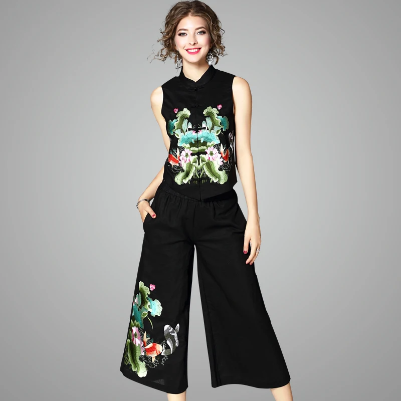 Women's Costumes Two Piece Set Embroidery Sleeveless Chinese Style Calf ...