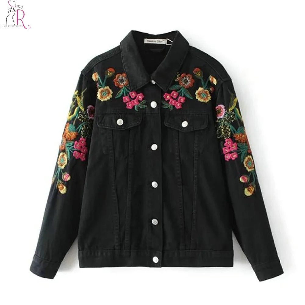 Black Boyfriend Embroidery Floral Denim Jacket Women Single Breasted ...