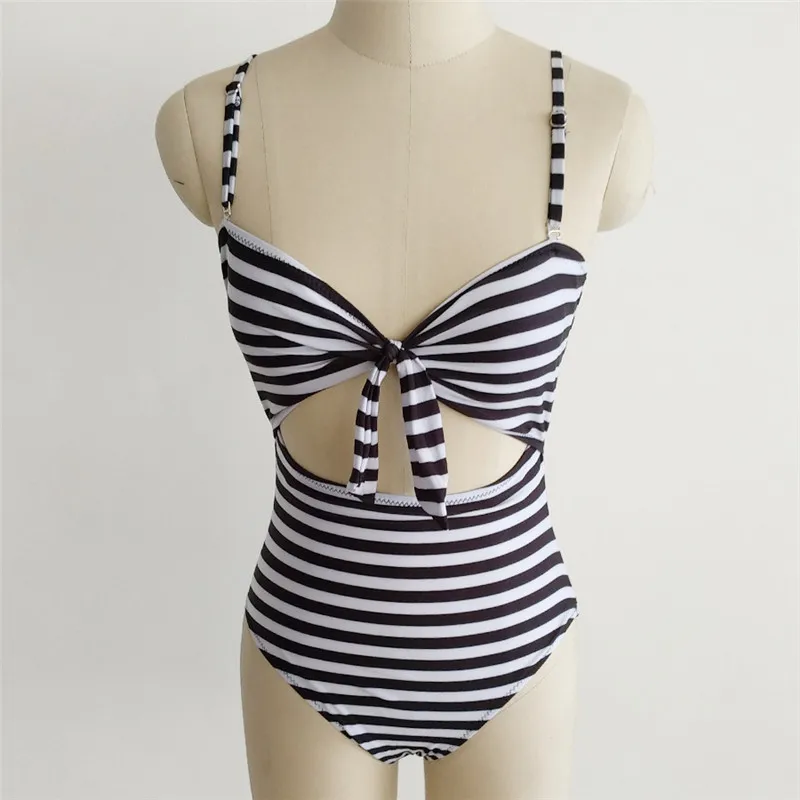 2018 Sexy Black White Striped Swimwear One Piece Monokini Swimsuit