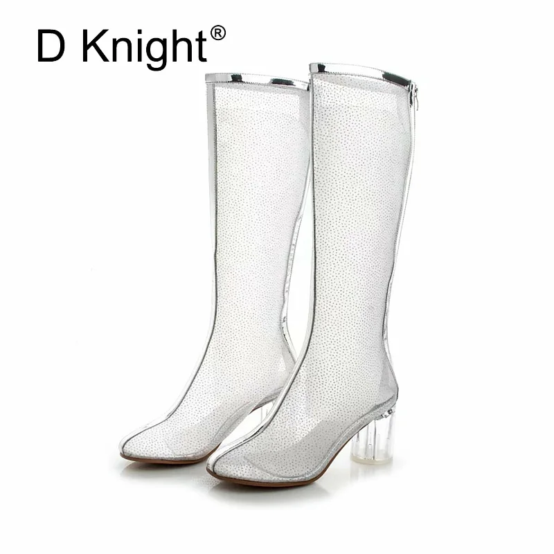 Transparent Women Knee High Boots Crystal Chunky Heels Zipper Sexy Mesh ...