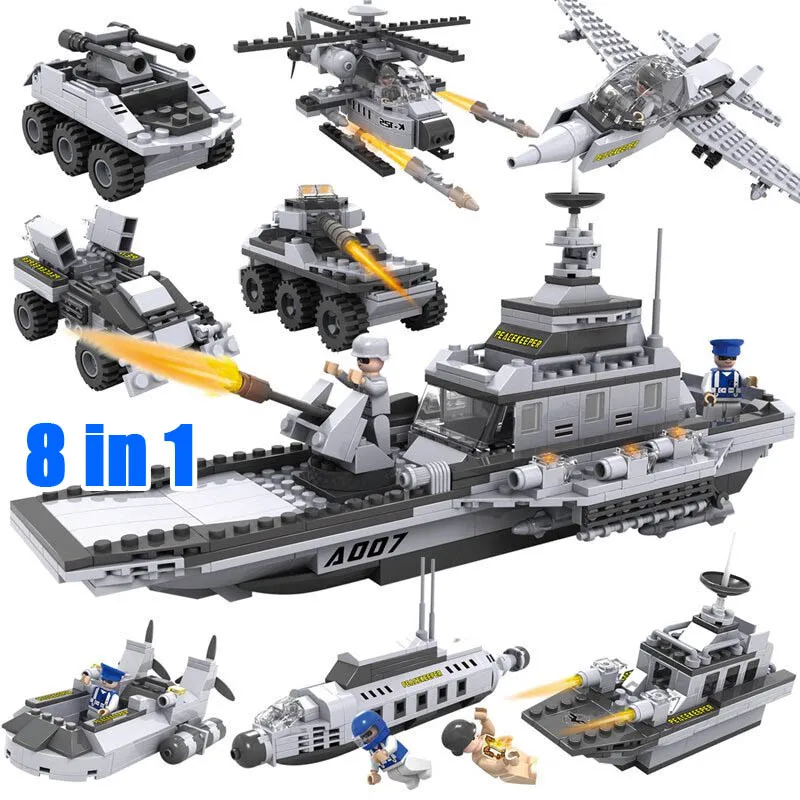 8 In 1 Aircraft Carrier Building Blocks Model Fleet Submarine Warship Military Naval Ship