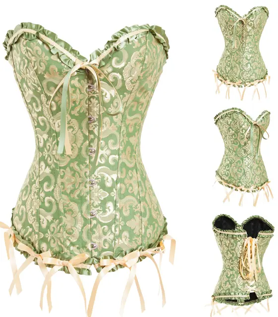 Green Gold Elegant Jacquard Overbust Corset Gothic Clothing W Ribbon