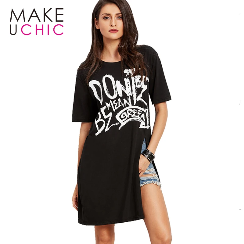 Makeuchic Apparel Black Women T Shirt Casual Letter Printed Loose Side