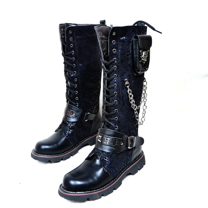 Gothic Boots Men Black Military Combat Metal Skull Buckle Motorcycle ...