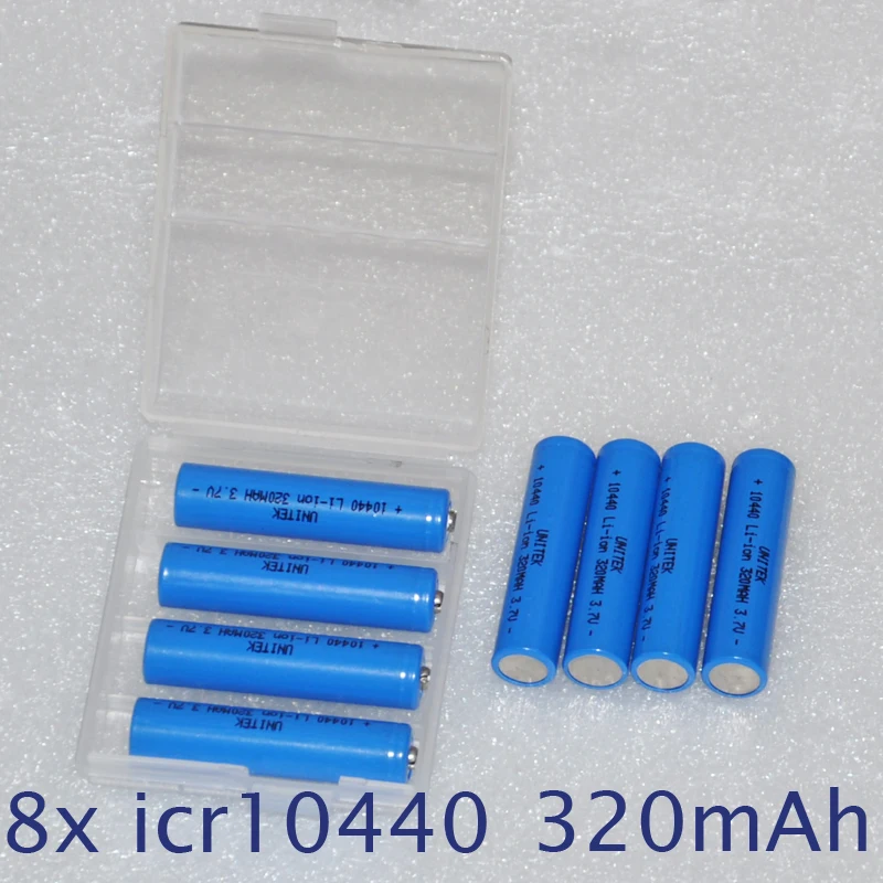 New 8pcs UNITEK ICR 3.7v 10440 li ion battery 320mah + storage box AAA rechargeable lithium ion ...