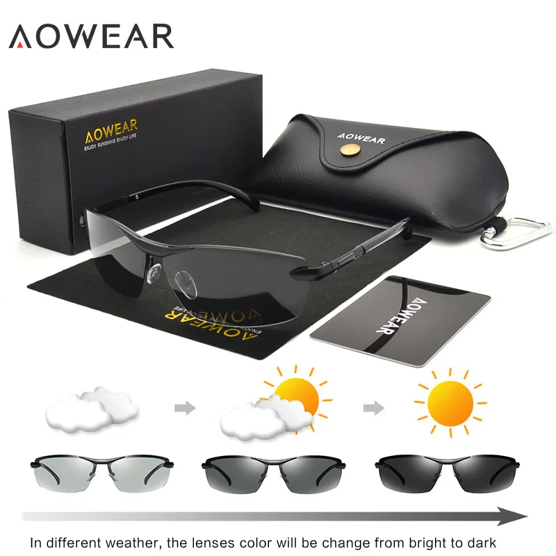 Aowear Driving Polarized Photochromic Sunglasses Men Chameleon Glasses