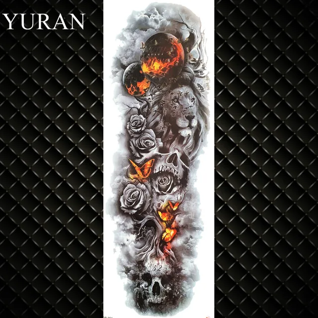 YURAN Cool Men Full Arm Fake Tattoos Temporary Fire Phoenix Angel ...