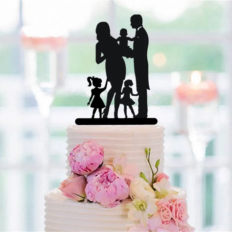 Family Cake Topper Bride And Groom With 2 Girls And 1 Child Silhouette ...