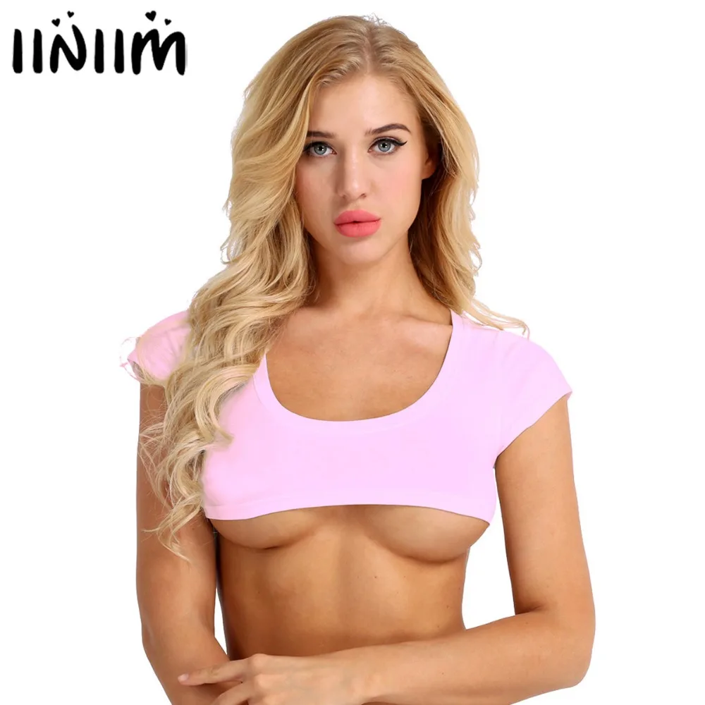 Female Women Pullover Fashion Clubwear Party Show Tops Pure Color Super Cropped Short Sleeve