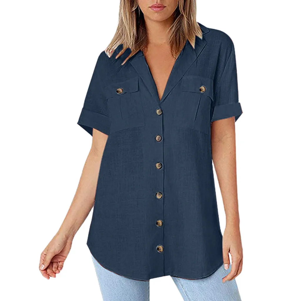 Women s Casual Button Shirts Cotton Linen Pocket Short Sleeve Blouses Women s Casual Button Shirts Cotton Linen Pocket Short Sleeve Blouses