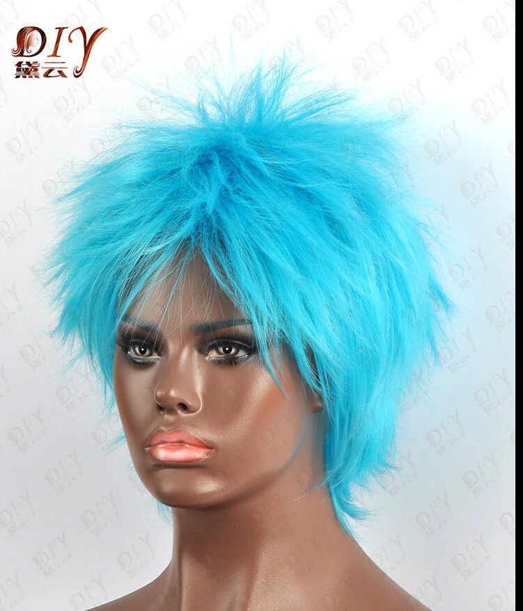 Straight Light Blue Short Lady Fluffy Wig Party Heat Daily Wear Full ...