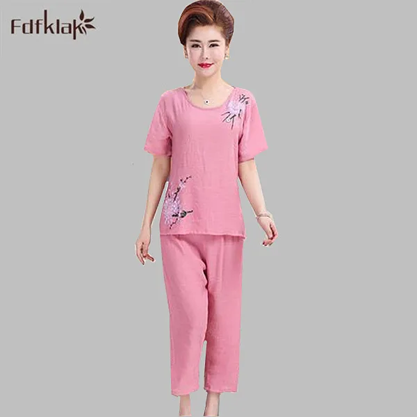 Plus Size Pyjamas Women Summer Print Short Sleeve Cotton Linen Pajamas