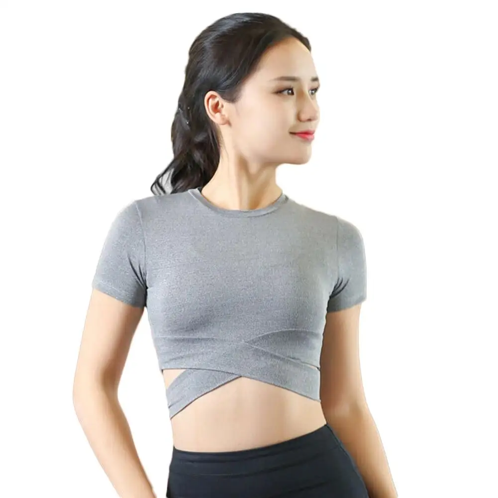 Women Yoga Shirt Quick Drying Elastic Midriff Sexy Sports Short Shirts ...
