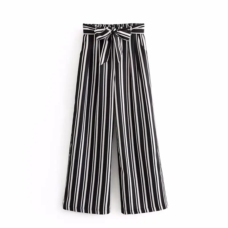 패션 새로운 스트라이프 느슨한 넥타이 얇은 높은 허리 넓은 다리 바지 여성 캐주얼 스트레이트 바지팬티 And 카프리스