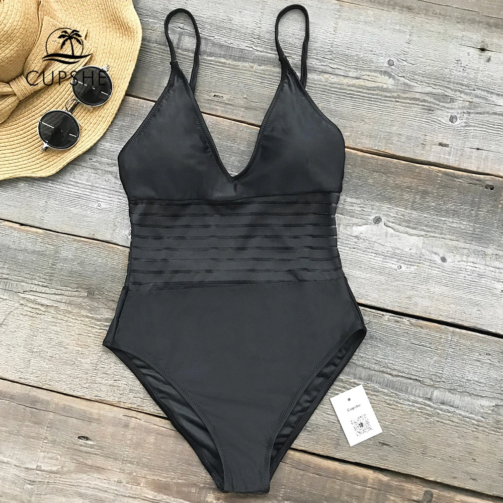 Cupshe Black Swan Mesh One Piece Swimsuit Women Deep V Neck Sexy