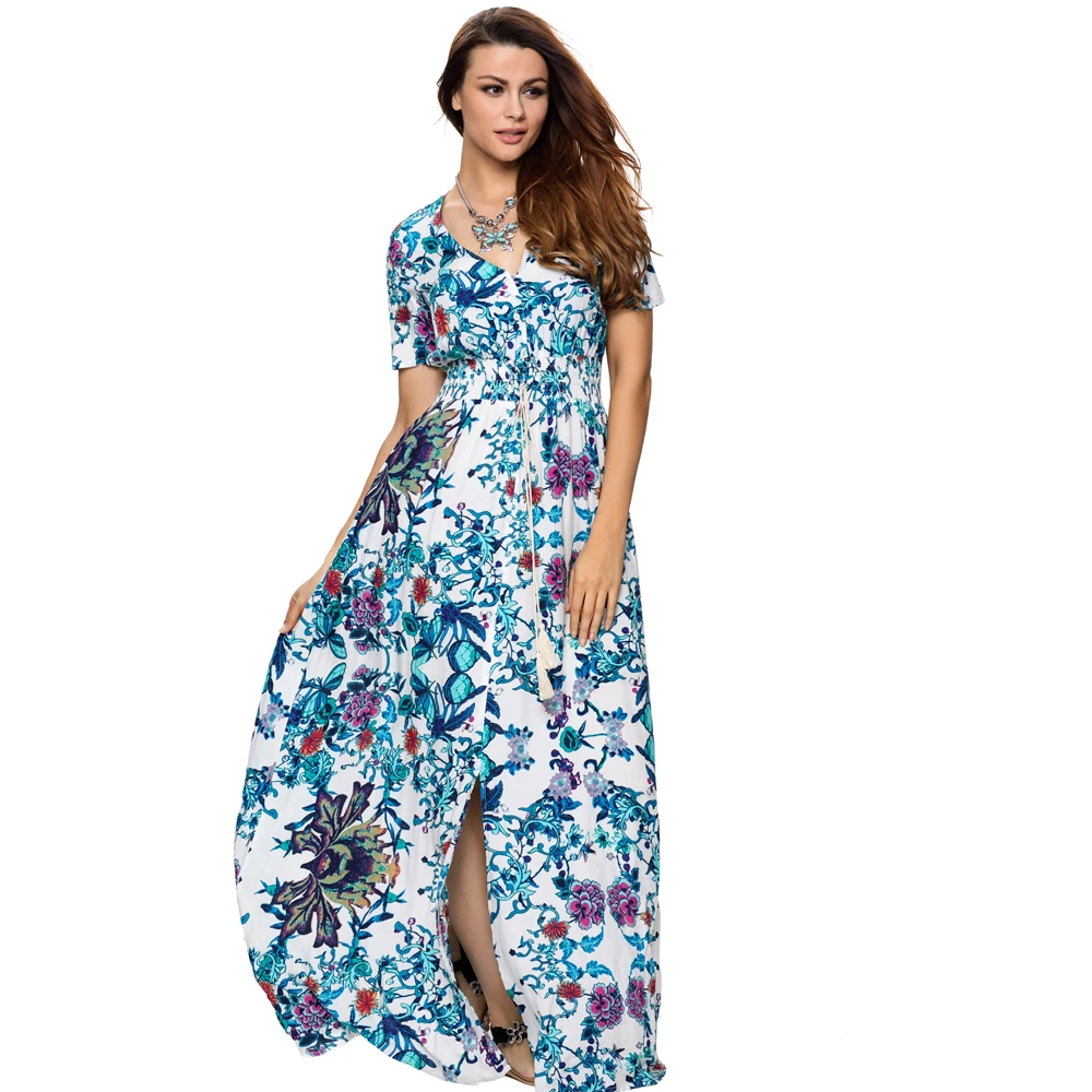 Roiii Sexy Side Split Women Maxi Dress V Neck Short Sleeves Sashes Long ...