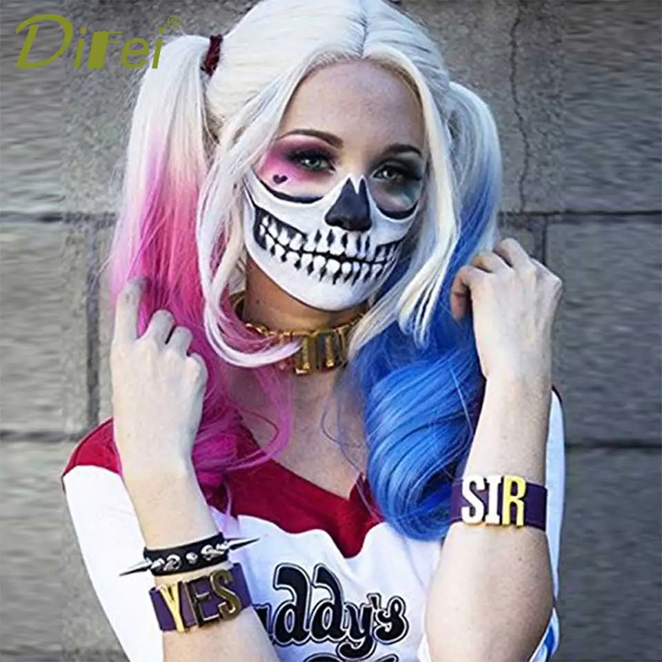DIFEI Wigs Harley Quinn Blue Pink Wig for cosplay Long Wavy Curly Women ...