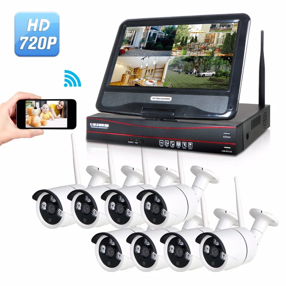 10.1 LCD Monitor 8CH CCTV NVR 720P IP HD Wireless Home Security Camera ...