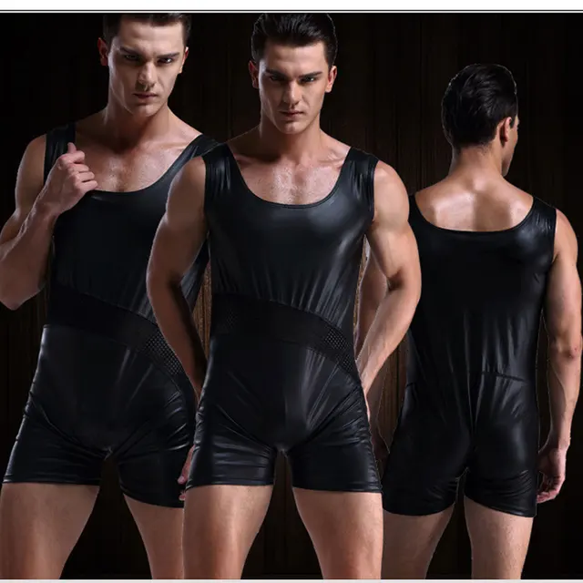 New Sexy Men Imitation Leather Shorts Jockstrap Underwear Sexy