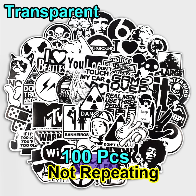 100 Pcs Transparent Black and White Stickers for Laptop Car Luggage ...