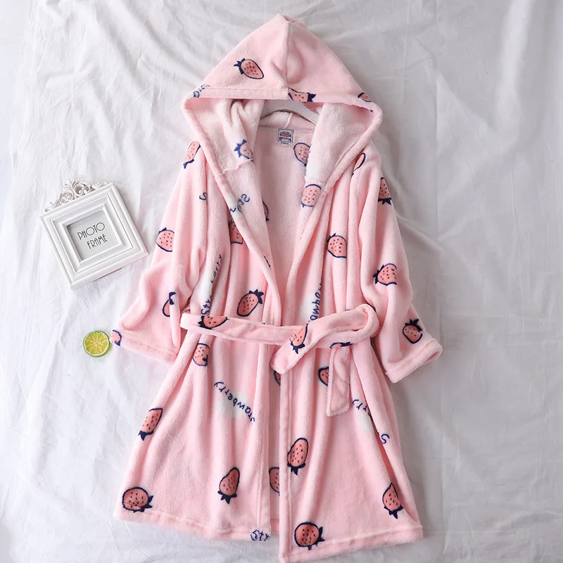 Flannel Robe For Kids Winter Thick Warm Bathrobe Nighty Cute Strawberry ...