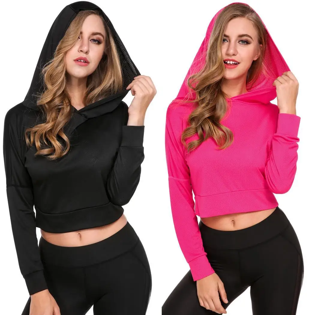 Yoga Fitness Hooded Pullover Hoodie Breathable Long Shirt For Sleeve Women Cropped Top In Yoga