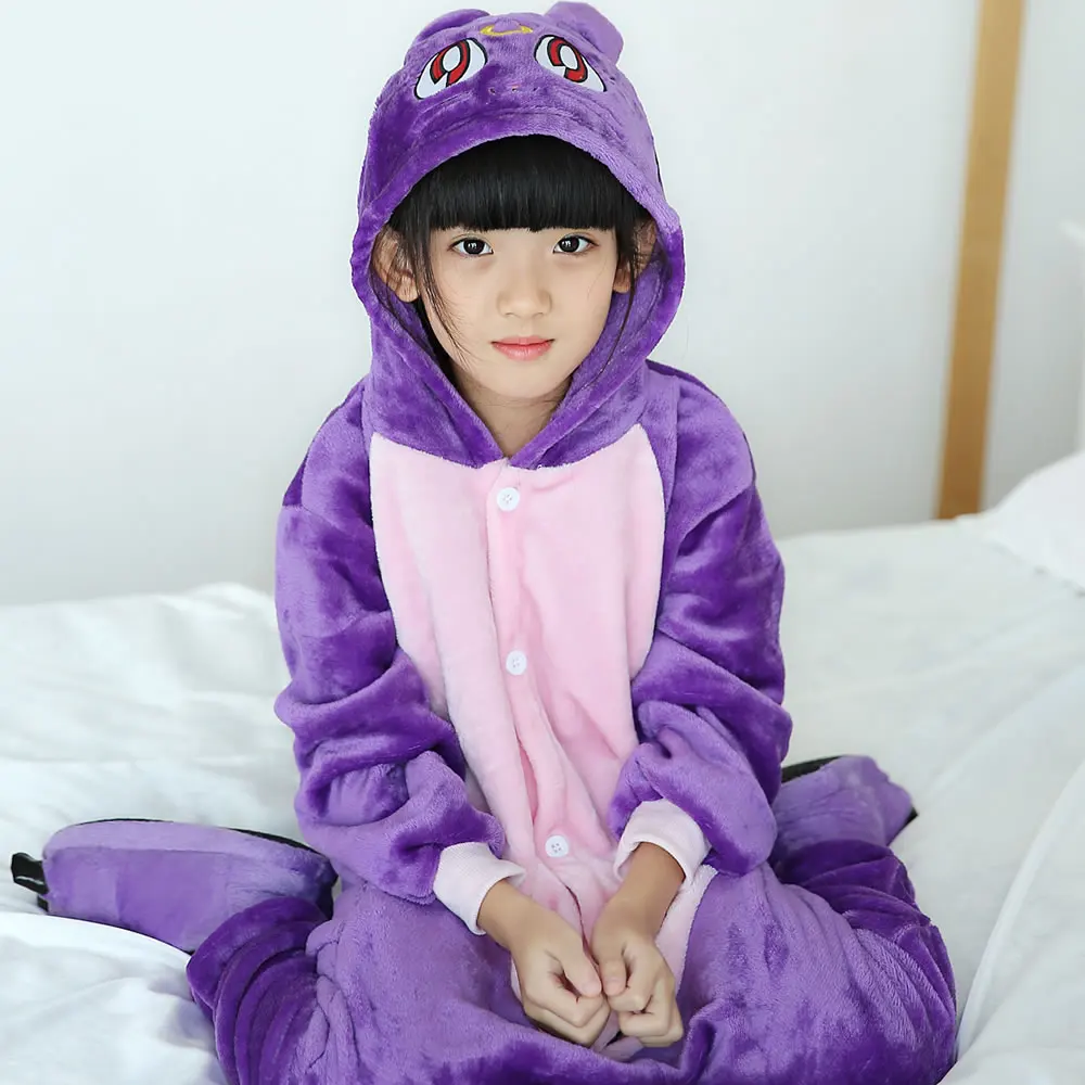 Purple pajamas cat girls clothes warm sleepwear coral fleece nightgown ...