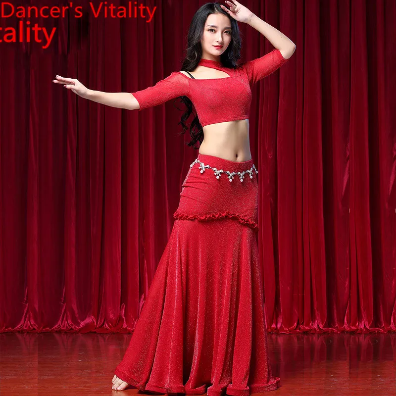 New Belly Dance Clothes Sexy Half Sleeves Toplong Skit Women Belly Dance Suit Set Ml For 55kg
