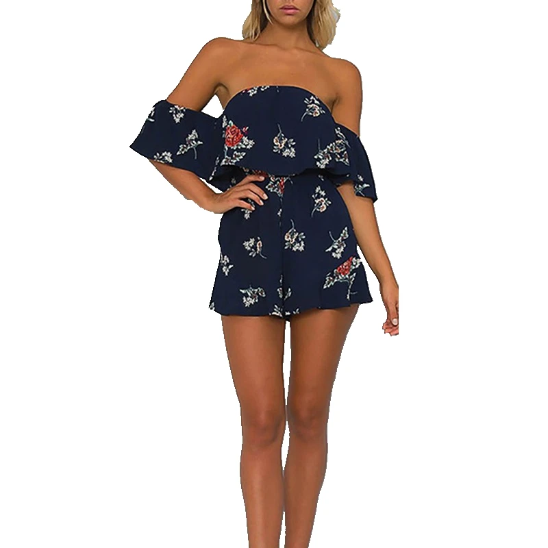 Women Holiday Beach Playsuits Casual Off Shoulder Ruffles Floral Blue
