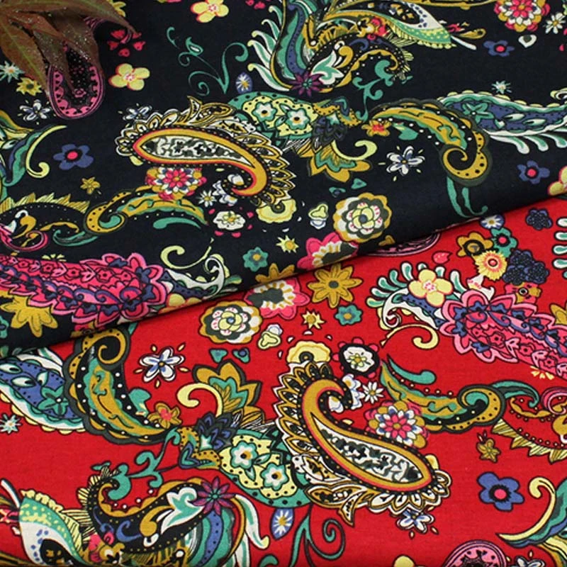cotton and linen ethnic red dark blue Paisley Pattern floral textile ...