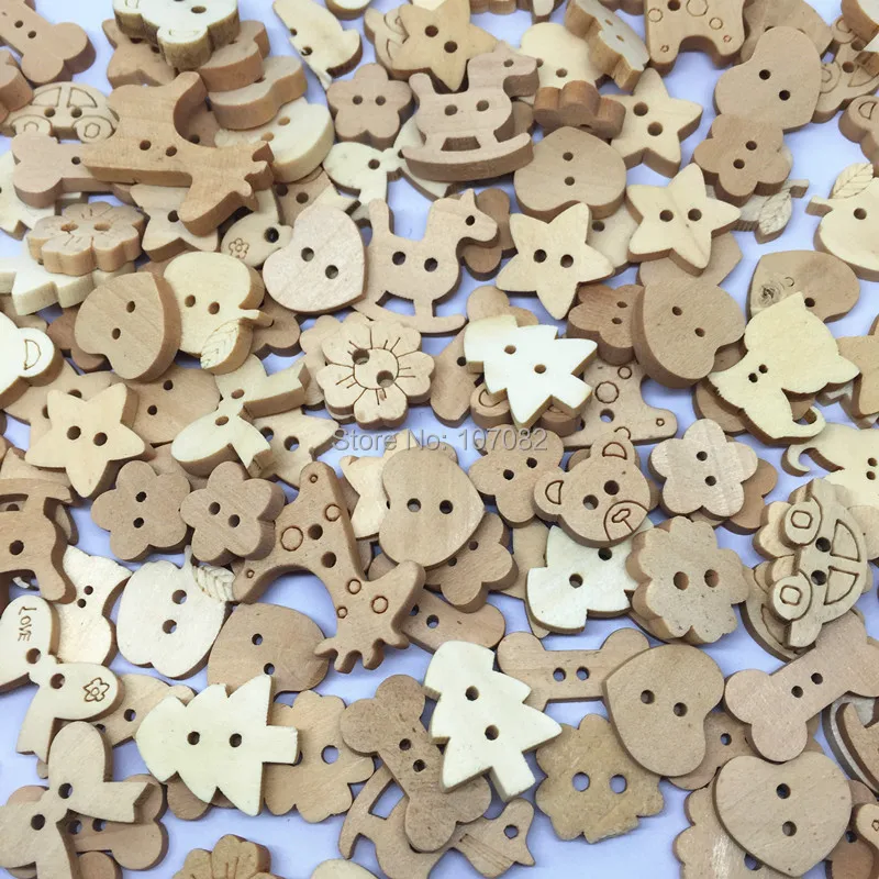 1000pcs Mixed Shapes Cute Cartoon Wooden Buttons 2 Holes Sewing Buttons ...