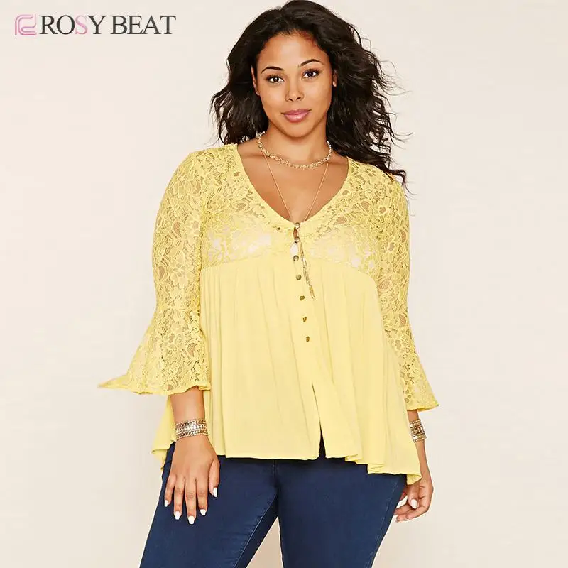 2016 Large Size Women Sexy Lace Blouse Plus Size 5xl 6xl V Neck Flare Sleeve Blouses Shirts 4xl
