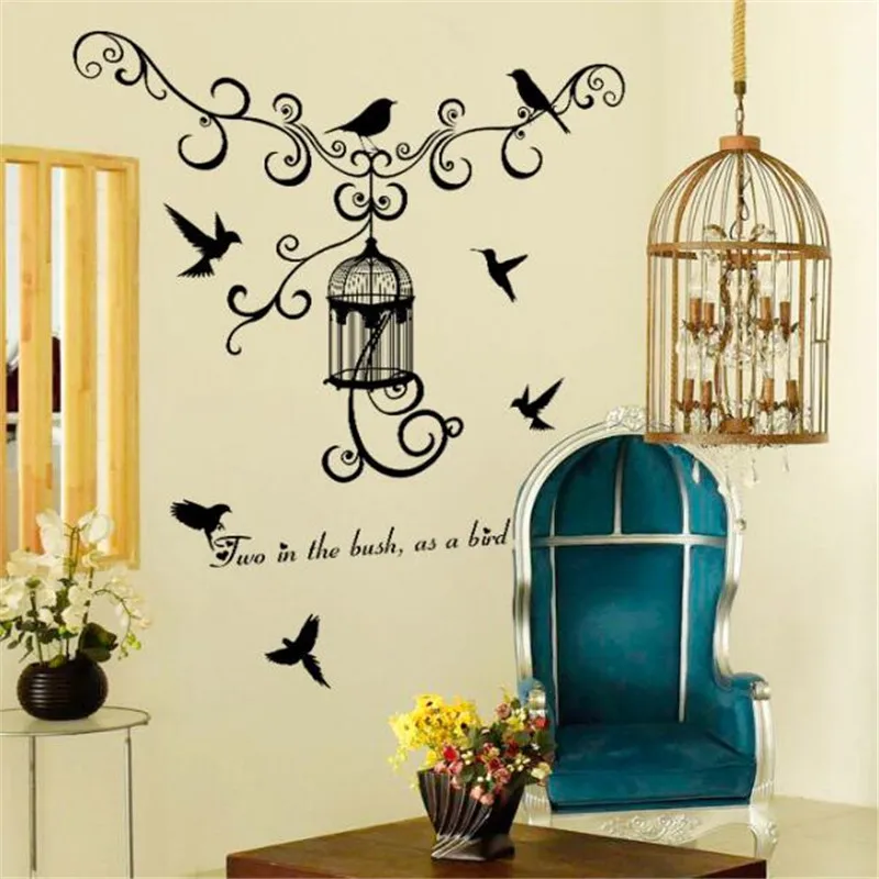IDFIAF fashion vintage branch bird cage wall stickers removable living ...