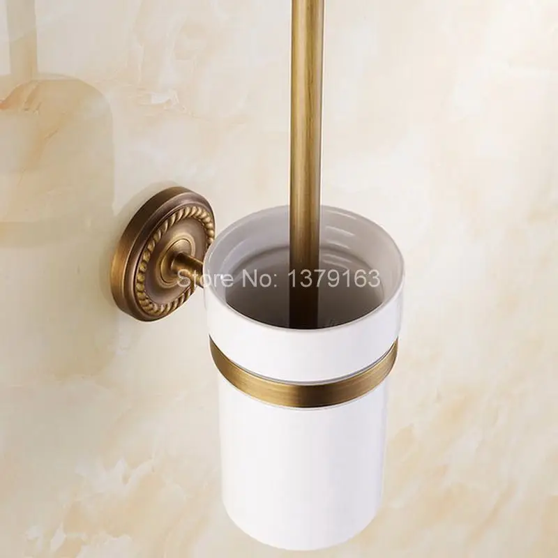 Vintage Retro Antique Brass Wall Mounted Toilet Brush And Holder Set