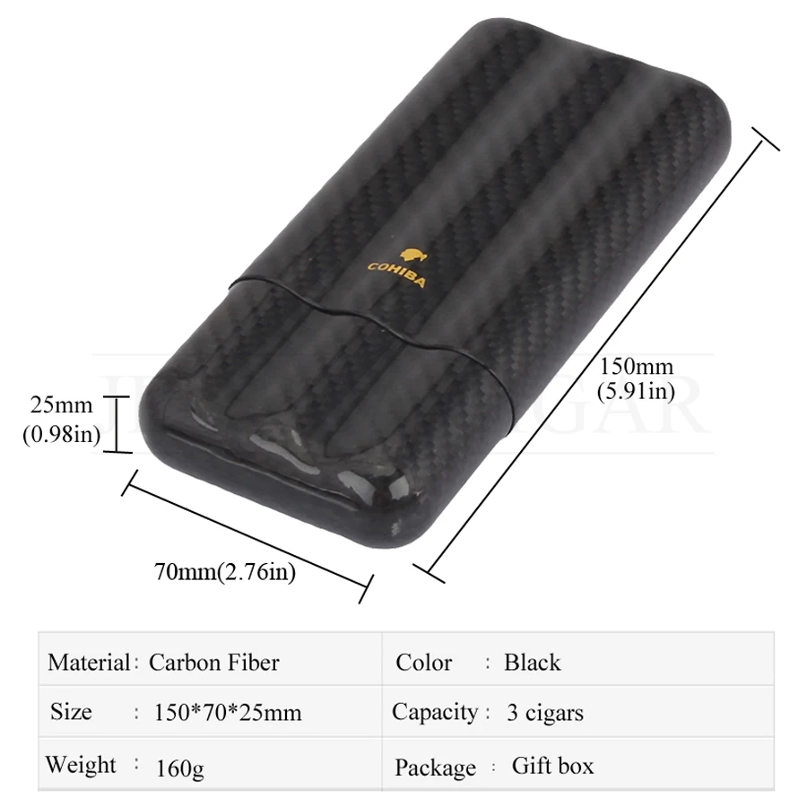 Black Carbon Fiber Gloss Cigar Case Box 3 Tubes Tobacco Holder Pocket ...